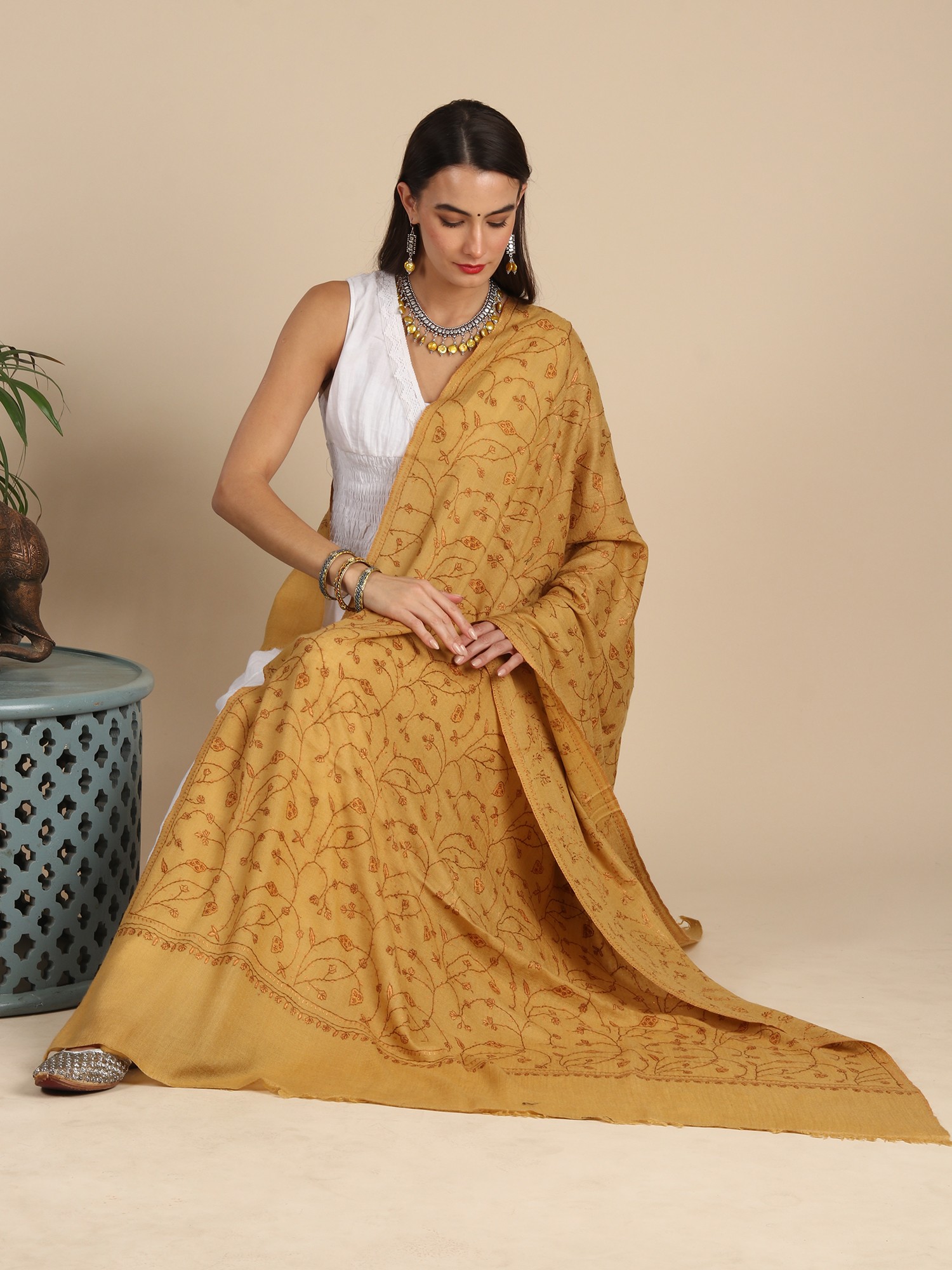 Sand Pure Wool Hand-Embroidered Sozni Shawl With Phool-Jaal | Exotic ...