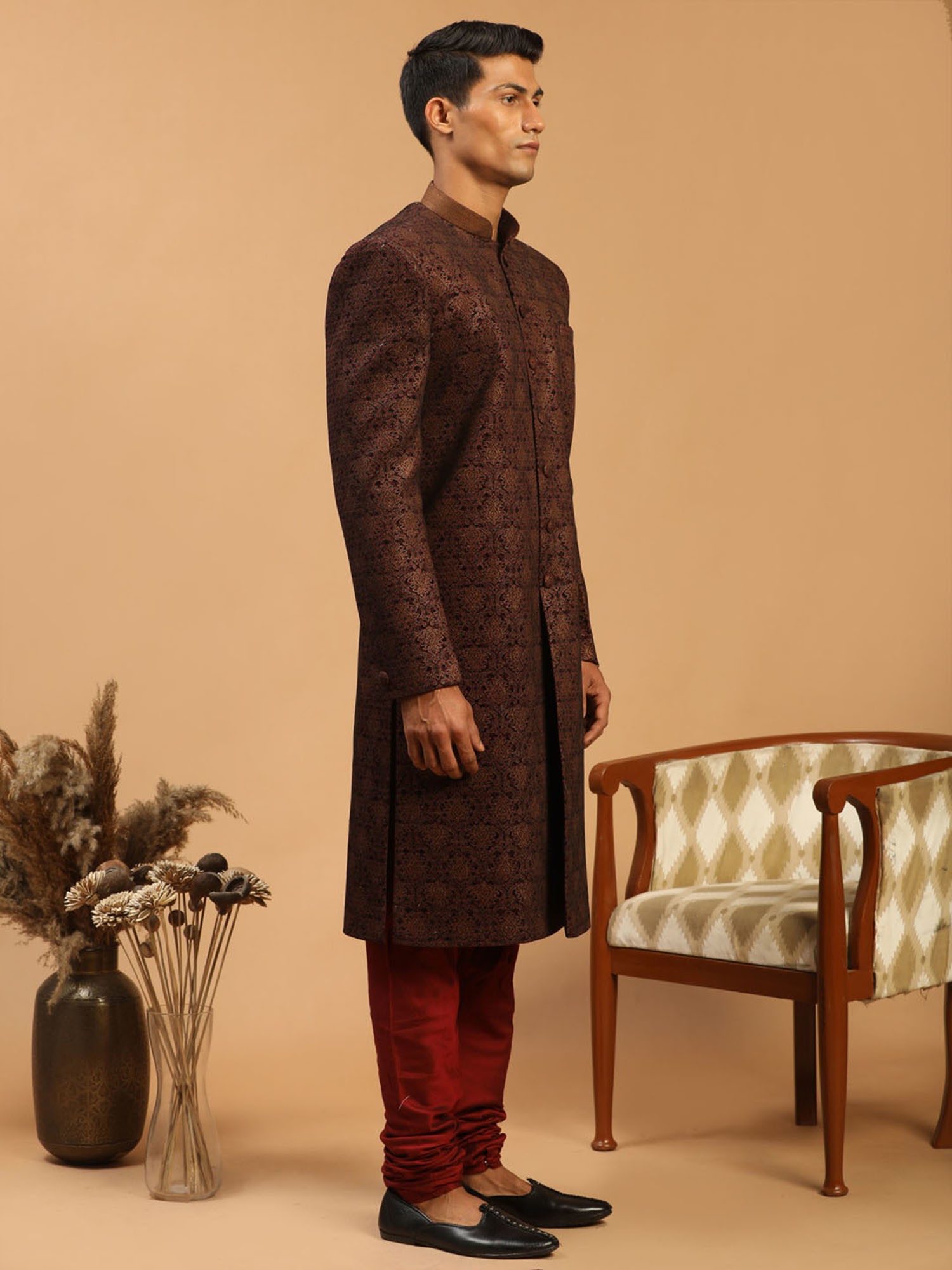 Maroon Silk Blend Jacquard Indo Western Sherwani With Poly Piscose ...