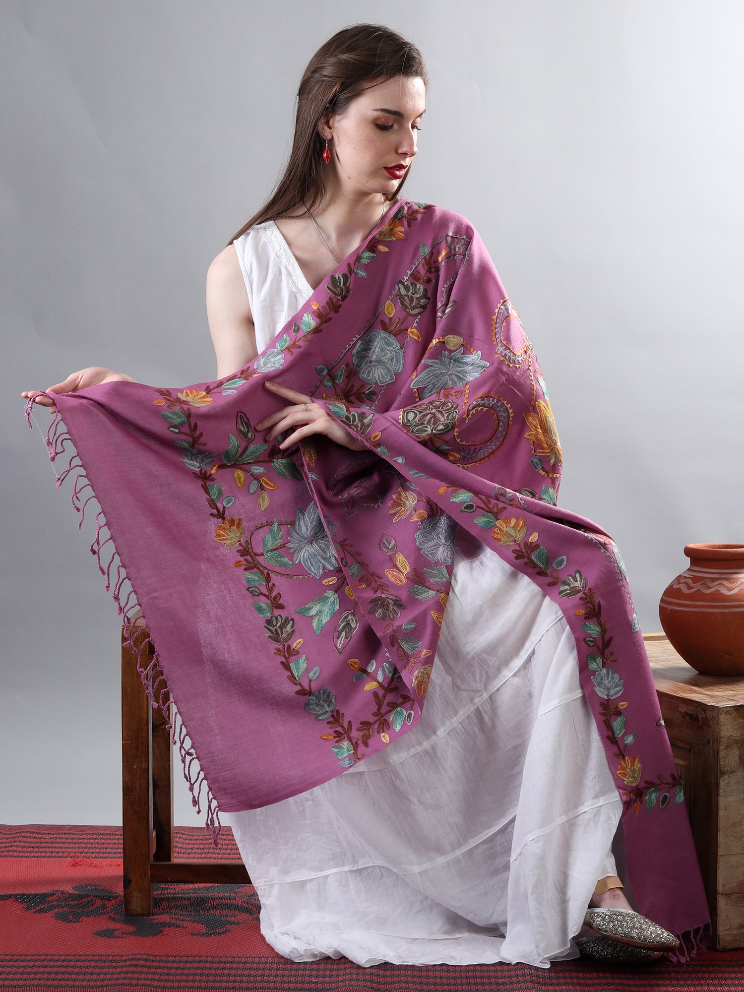 Lilac Pure Wool Shawl From Kashmir With Multicolor Aari Embroidered ...
