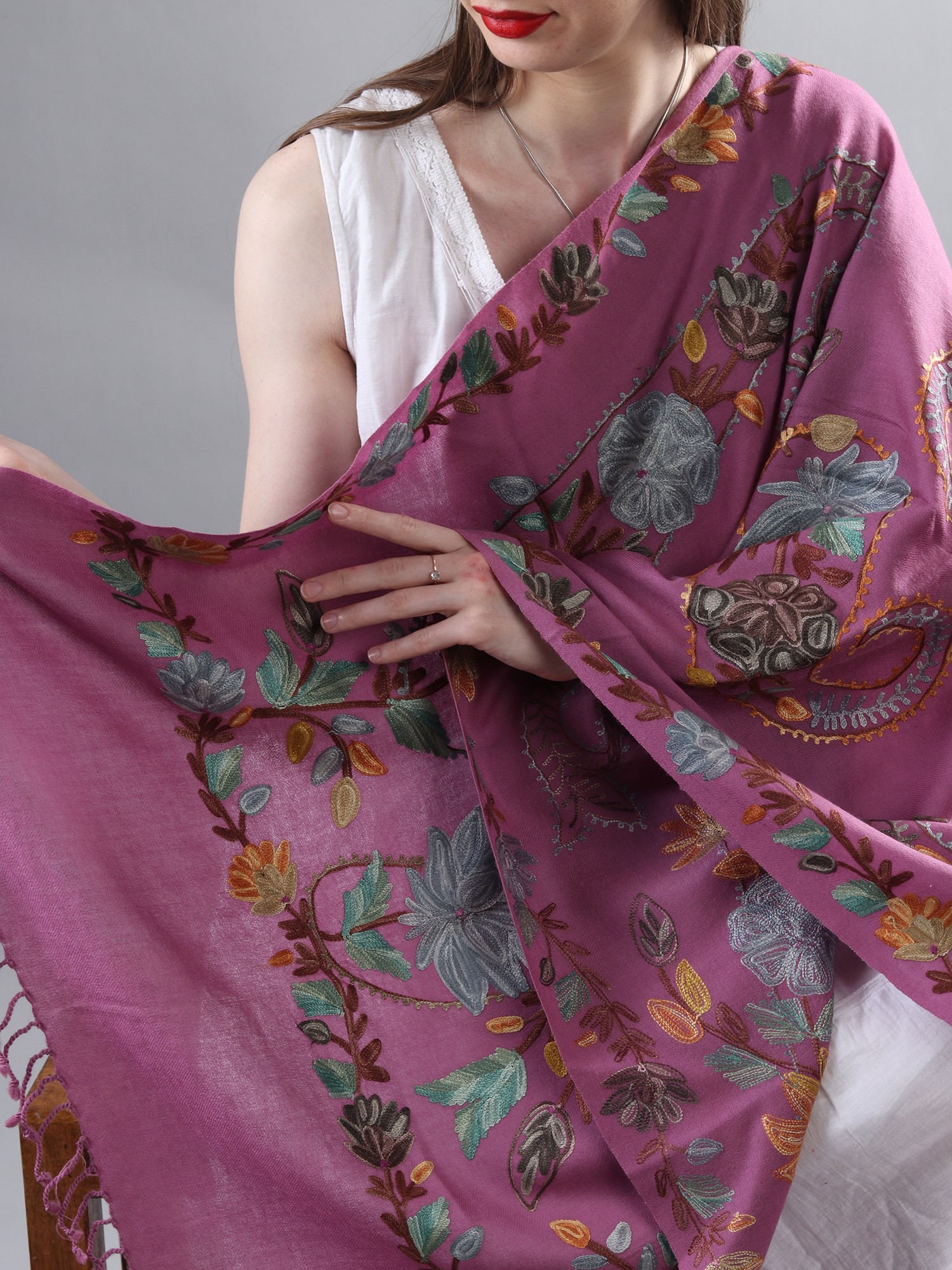 Lilac Pure Wool Shawl From Kashmir With Multicolor Aari Embroidered ...