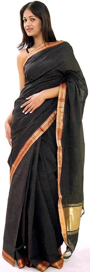 Black Mangalgiri Sari with Pin-Stripes | Exotic India Art
