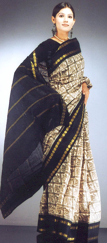 Cotton Sari with Printed Motifs and a Black Border | Exotic India Art