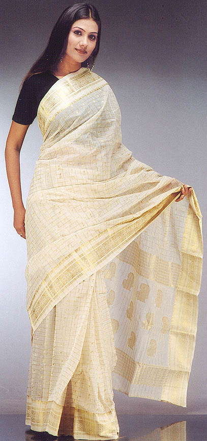 Cream Cotton Sari with Golden Thread Work | Exotic India Art