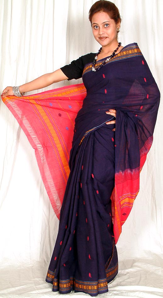 Deep Blue Khadi Sari with Pink Pallau | Exotic India Art