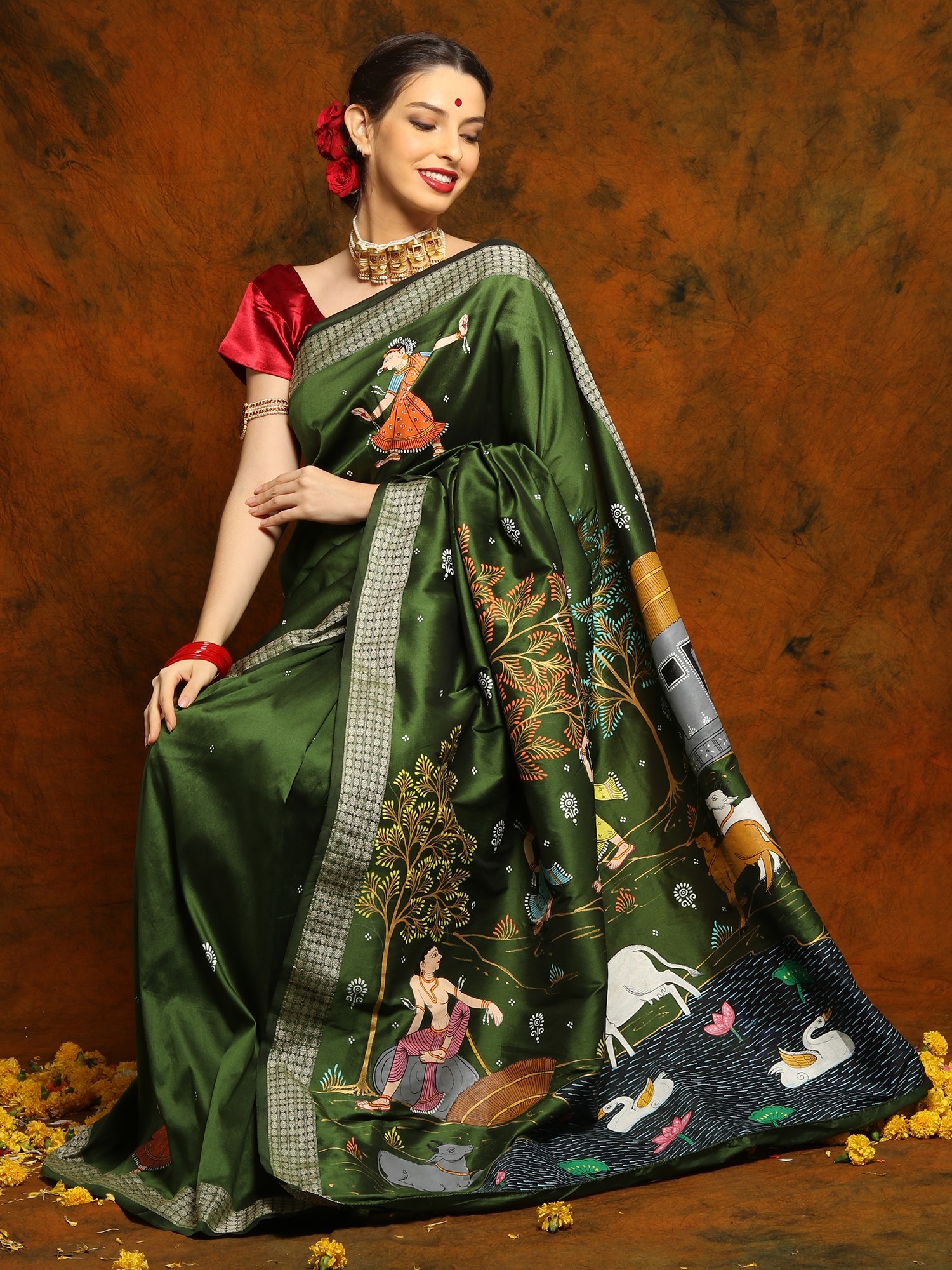 Forest Green Bomkai Silk Sari with Hand-Painted Pata Chitra | Exotic India Art