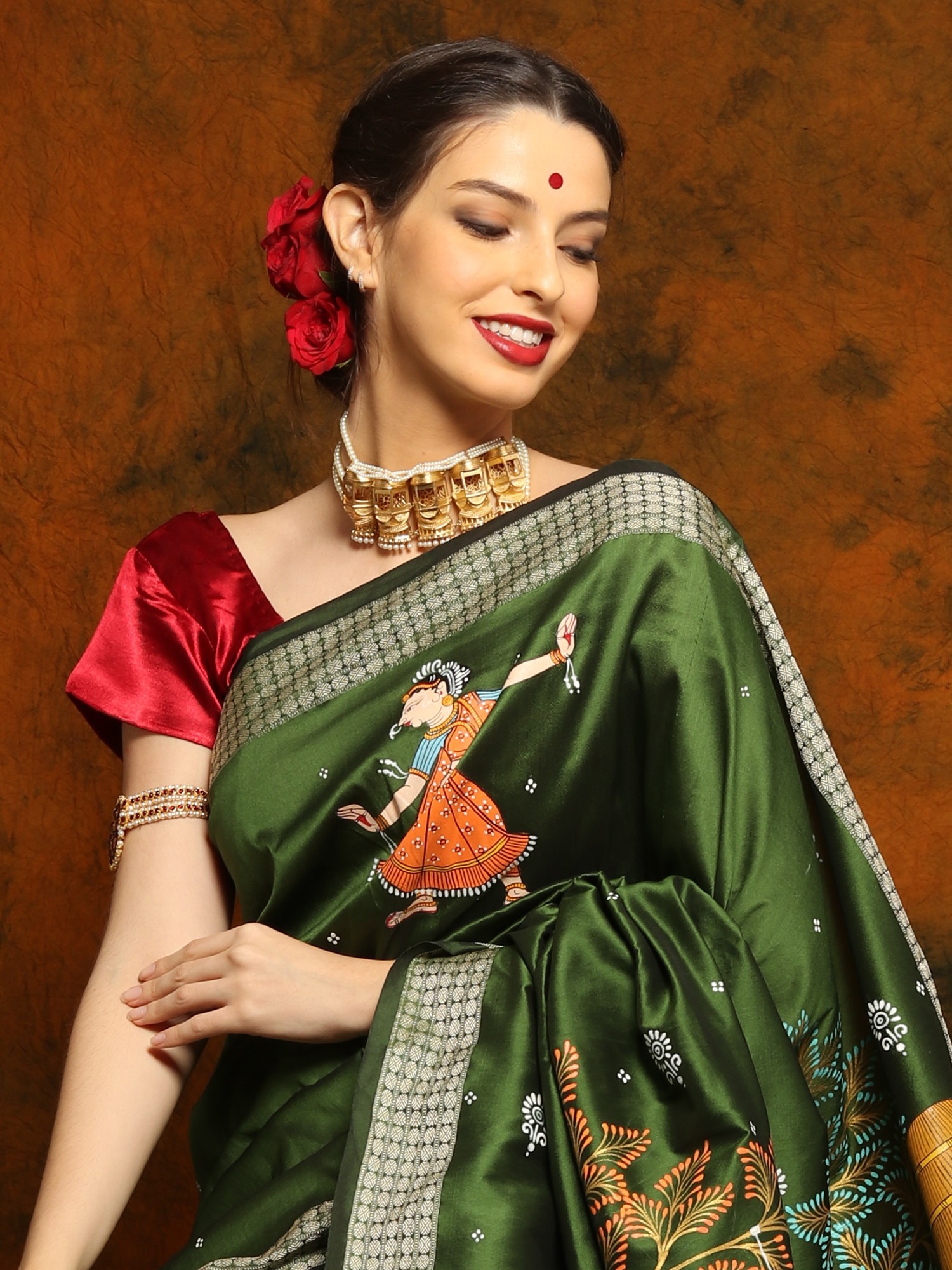 Forest Green Bomkai Silk Sari with Hand-Painted Pata Chitra | Exotic ...
