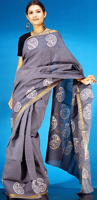 Gray Sungri Printed Sari with Paisley Border | Exotic India Art