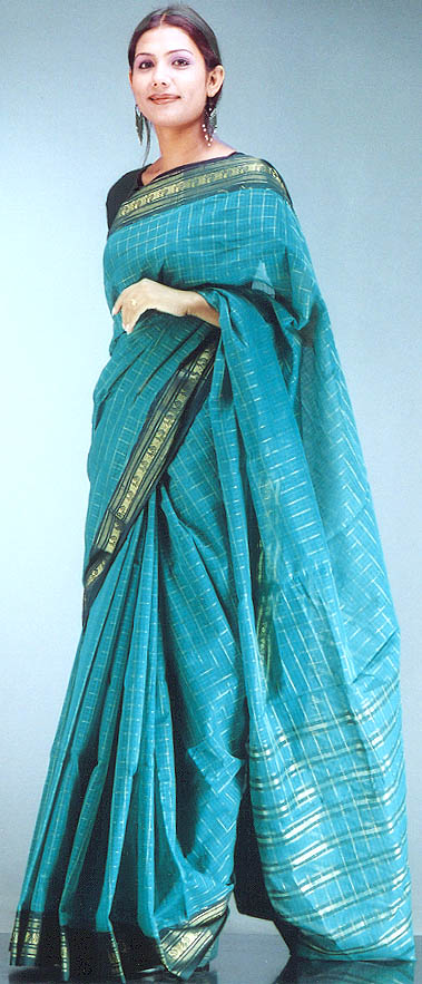 Green Venkatagiri Sari with Golden Border | Exotic India Art