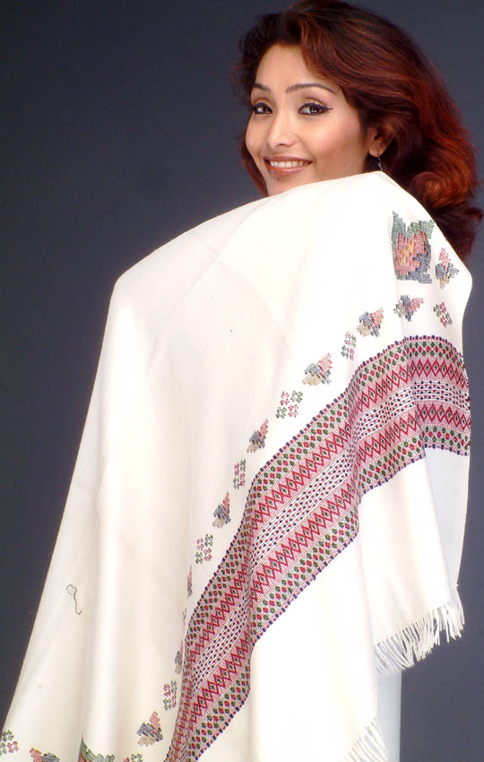 Ivory Kullu Shawl with Thread Work | Exotic India Art
