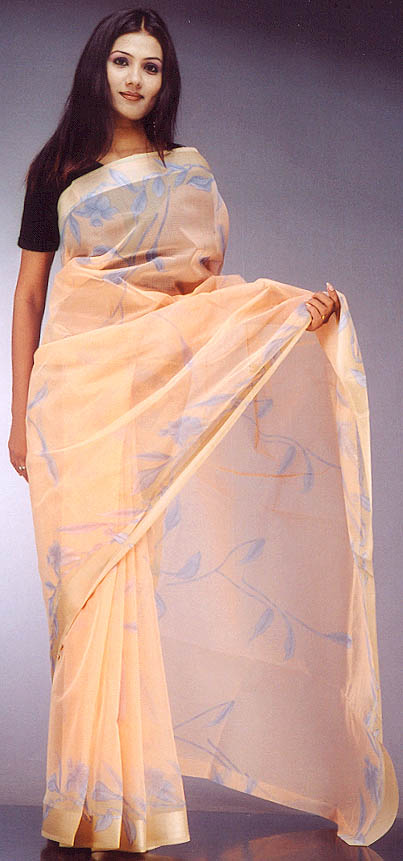 Orange Printed Organza Sari | Exotic India Art