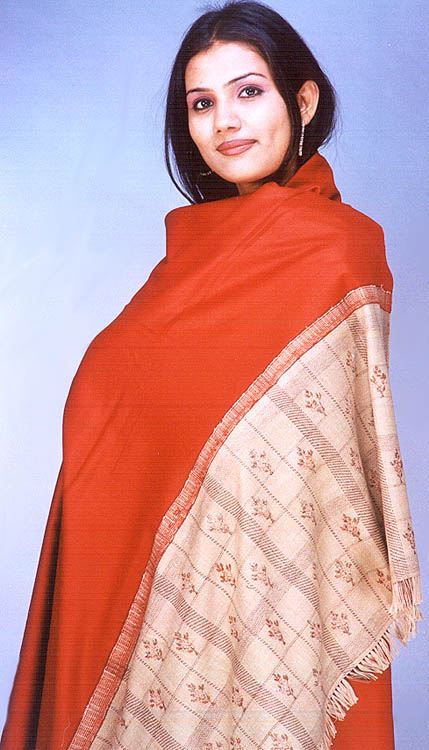 Orange Shawl with Cream Border | Exotic India Art