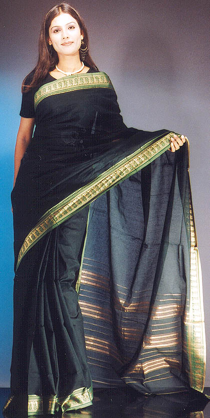 Plain Green Sari with Golden Border | Exotic India Art
