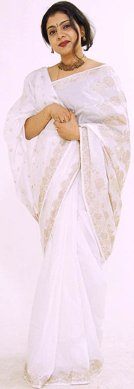 Plain White Sari with Golden Thread Work | Exotic India Art