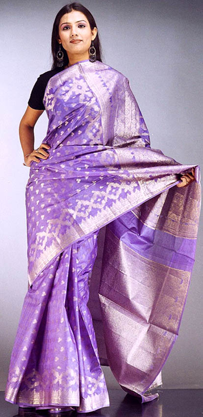 Purple Tussar Sari with Golden Zari Bootis | Exotic India Art