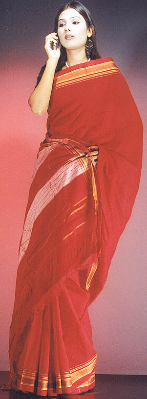 Red Khadi Sari | Exotic India Art