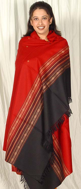 Red Kullu Shawl with Black Border | Exotic India Art