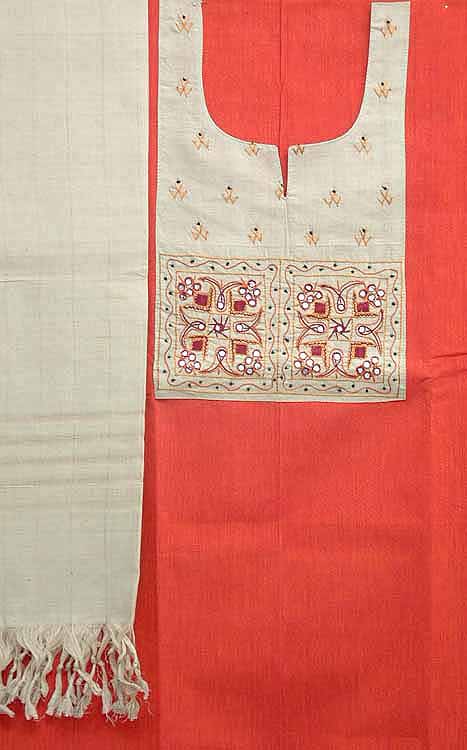 Red South Cotton Suit with Thread Work | Exotic India Art