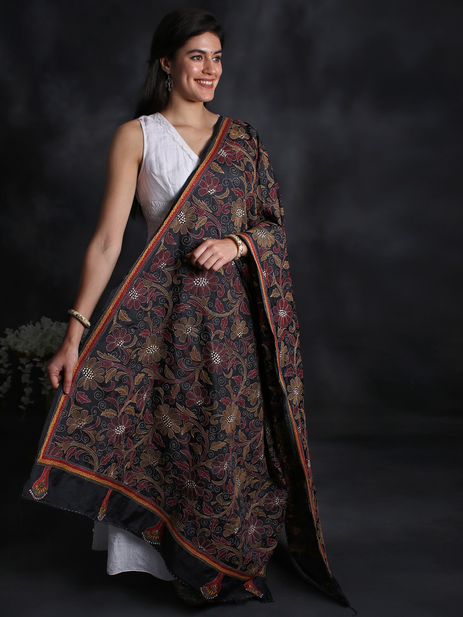 Tussar Silk Dupatta With Floral Nakshi Kantha Embroidery From Bengal ...