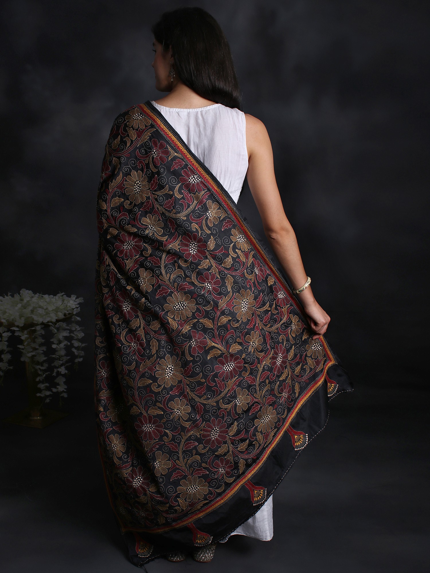 Tussar Silk Dupatta With Floral Nakshi Kantha Embroidery From Bengal ...