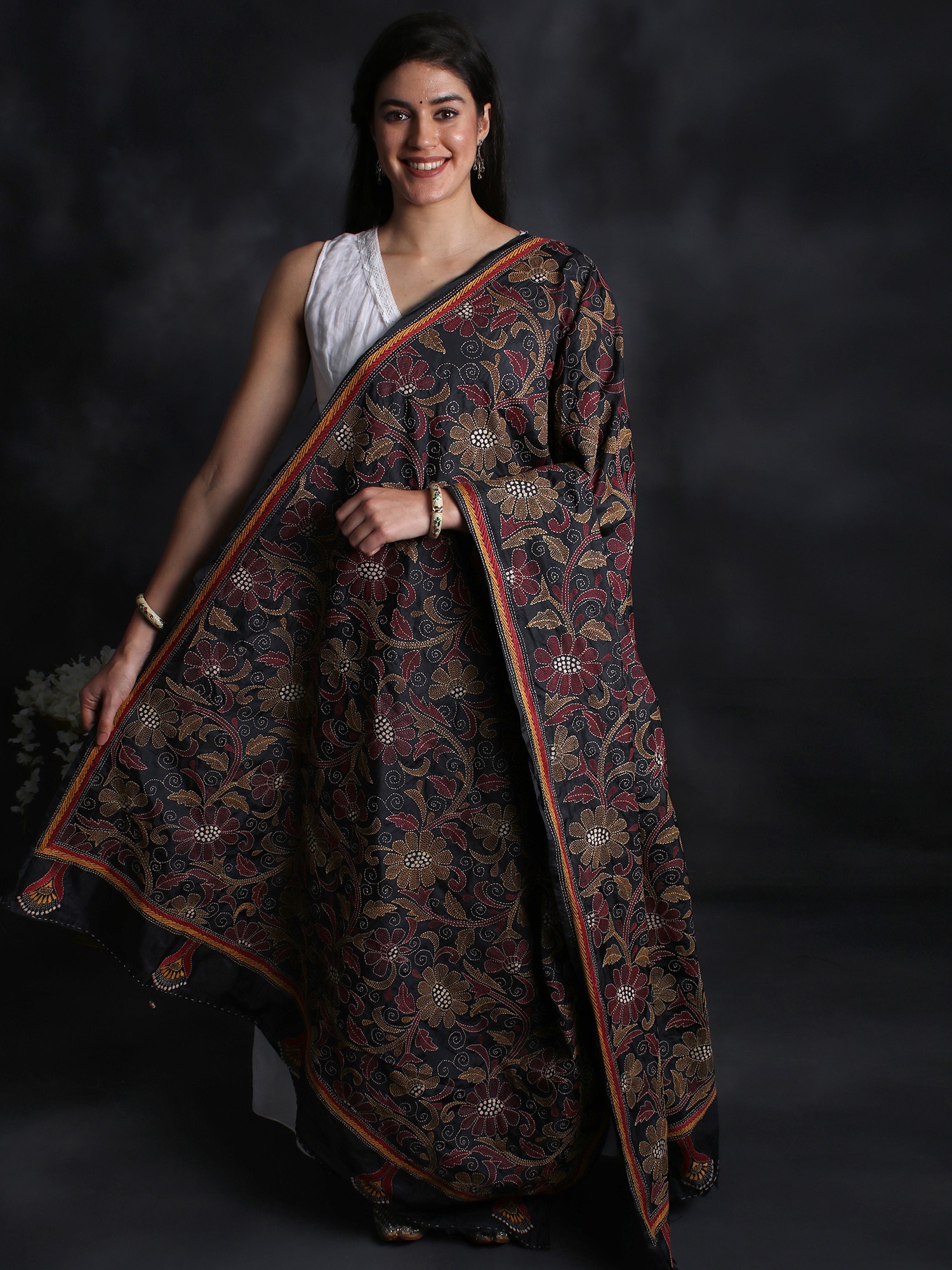 Tussar Silk Dupatta With Floral Nakshi Kantha Embroidery From Bengal ...