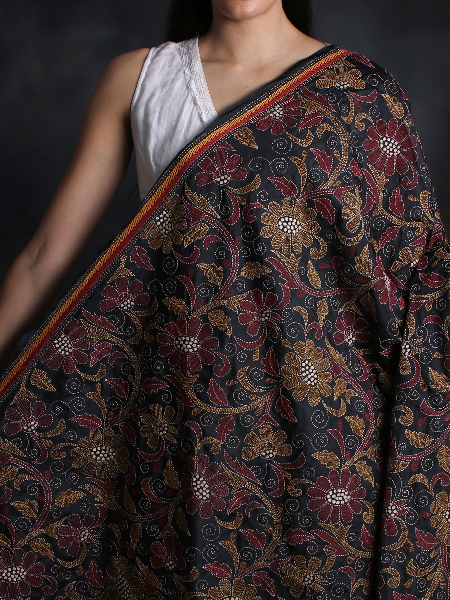 Tussar Silk Dupatta With Floral Nakshi Kantha Embroidery From Bengal ...