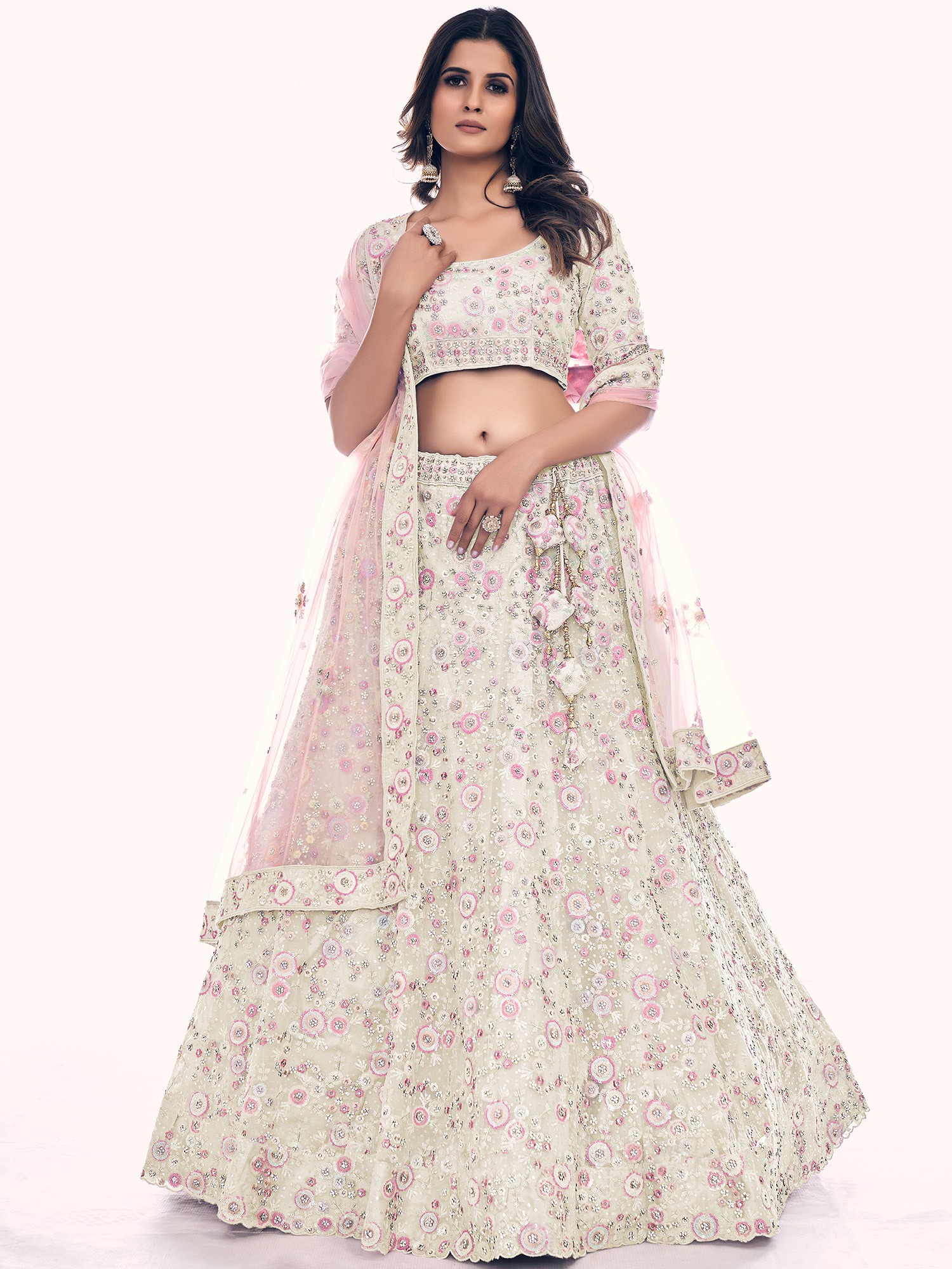 Off White Lehenga Choli Set in Soft Net with Zarkan Embroidered Floral ...