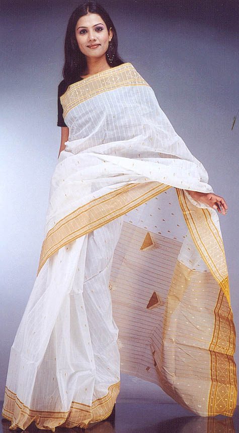 White Cotton Sari with Orange Border | Exotic India Art