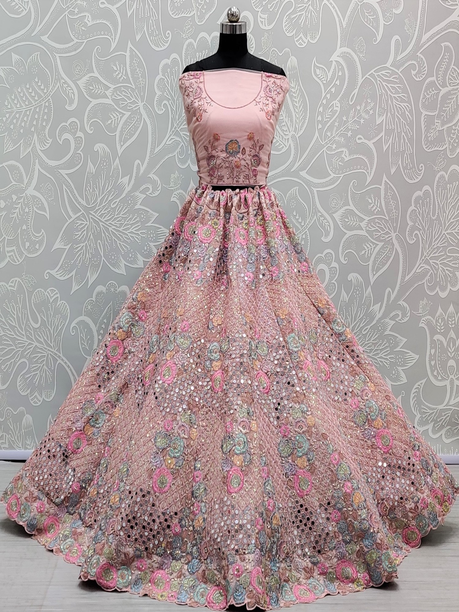 Heavy Net Meena Floral Rose Motif Lehenga Choli With Sequins, Real-Mirror, Dori Work And Soft ...