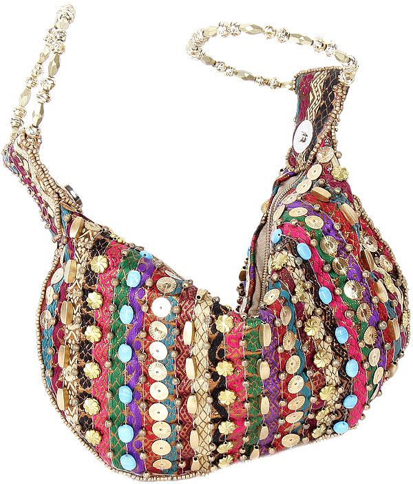 Multi-Color Handbag with Embroidered Beads | Exotic India Art