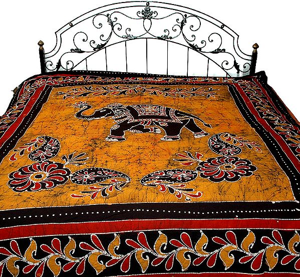 Mustard and Black Batik Elephants Bedspread | Exotic India Art