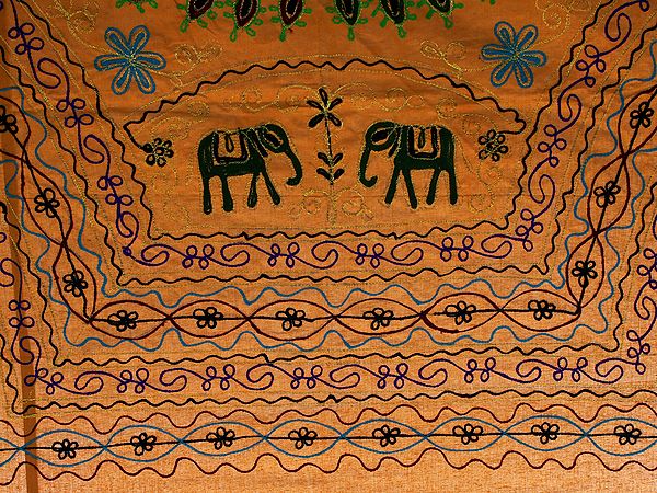 Gujarati Bedspread with Metallic Thread Embroidered Peacocks and Folk ...