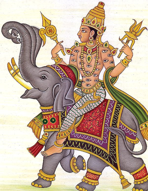 Lord Indra Riding His Three Trunked Vehicle | Exotic India Art