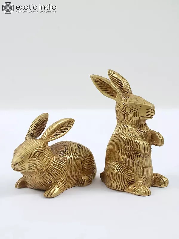 3" Small Pair of Cute Rabbits Brass Figurines | Exotic India Art