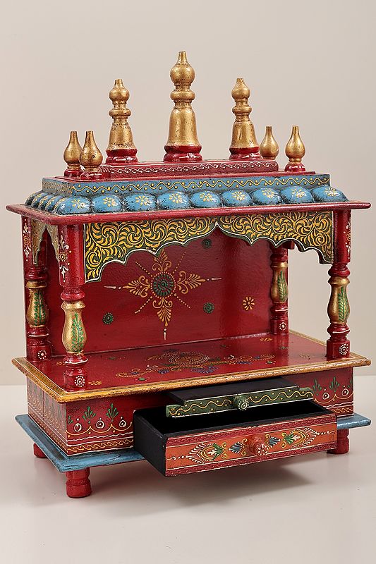 19" Hand painted Wood Temple | Wooden Puja Temple | Handmade Art | Made ...