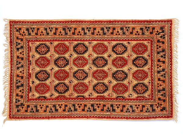 Red and Black Kalamkari with Tile Pattern Dhurrie from Telangana ...