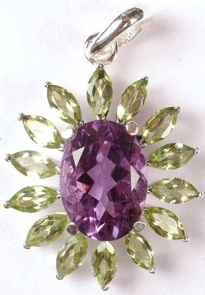 Fine Faceted Amethyst & Peridot Flower | Exotic India Art