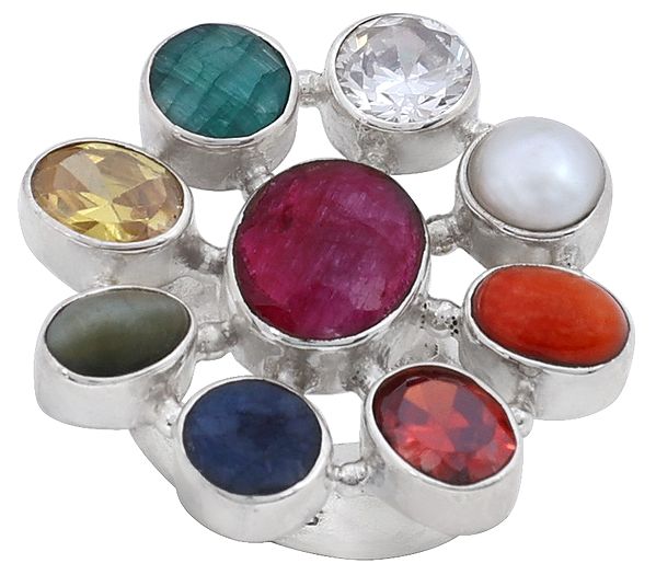Large Navagraha Gemstone Ring Made in Sterling Silver | Exotic India Art