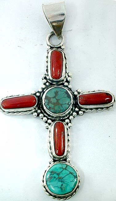 Coral Cross with Turquoise | Exotic India Art