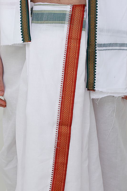 Bright-white Veshti and Angavastram Set with Woven Temple Border ...