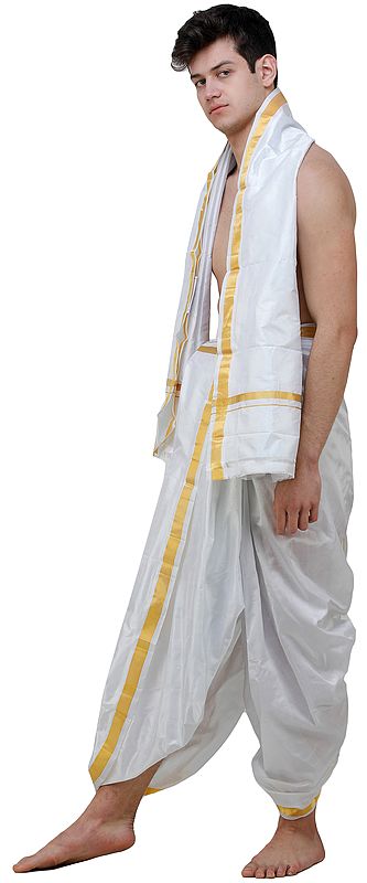 Snow-White Dhoti and Veshti Set with Zari Woven Border | Exotic India Art