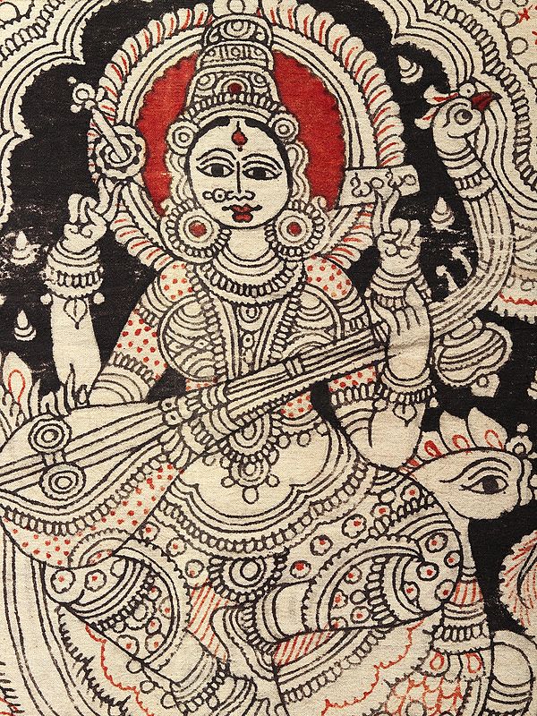 Goddess Saraswati | Kalamkari Painting on Cotton | Exotic India Art