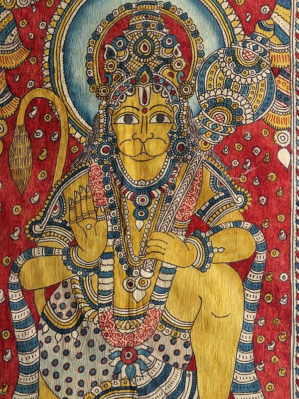 Sankat Mochan Hanuman Seated in Blessing Gesture | Kalamkari Painting ...