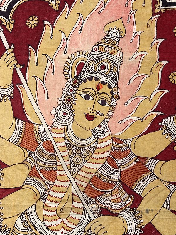 Ten Armed Mahishasura-Mardini Goddess Durga | Vintage Kalamkari Painting | Exotic India Art