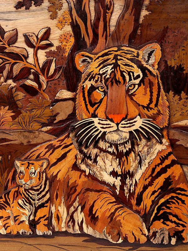 Tiger with Cub | Natural Color on Wood Panel with Inlay Work | Exotic ...