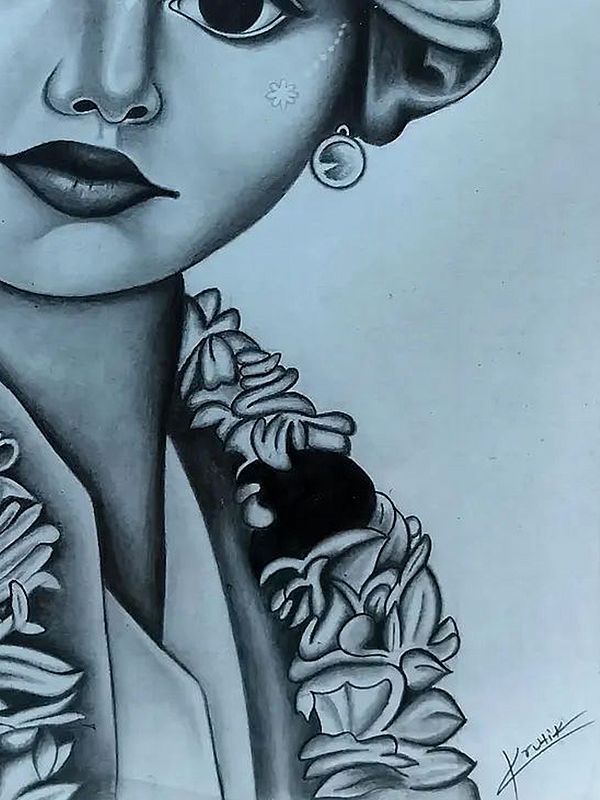 Cute Little Krishna | Charcoal On Paper | By Krutik Jangir | Exotic India Art