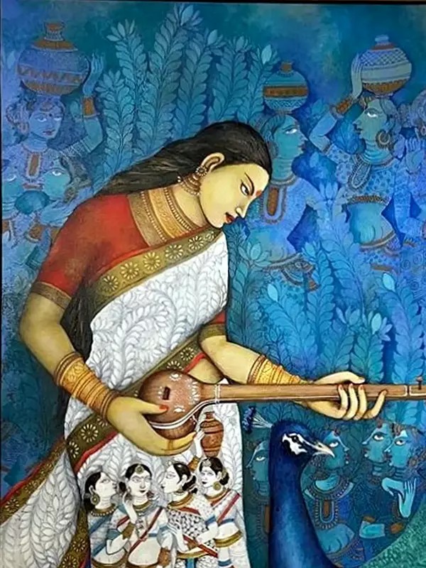 Attractive Meera Bai Holding Veena | Acrylic On Canvas | By Nikunja Bihari Das | With Frame ...