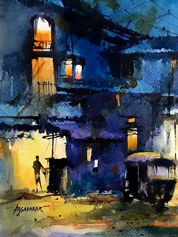 Slum Houses | Watercolor On Paper | By Rajesh Ajgaonkar | Exotic India Art