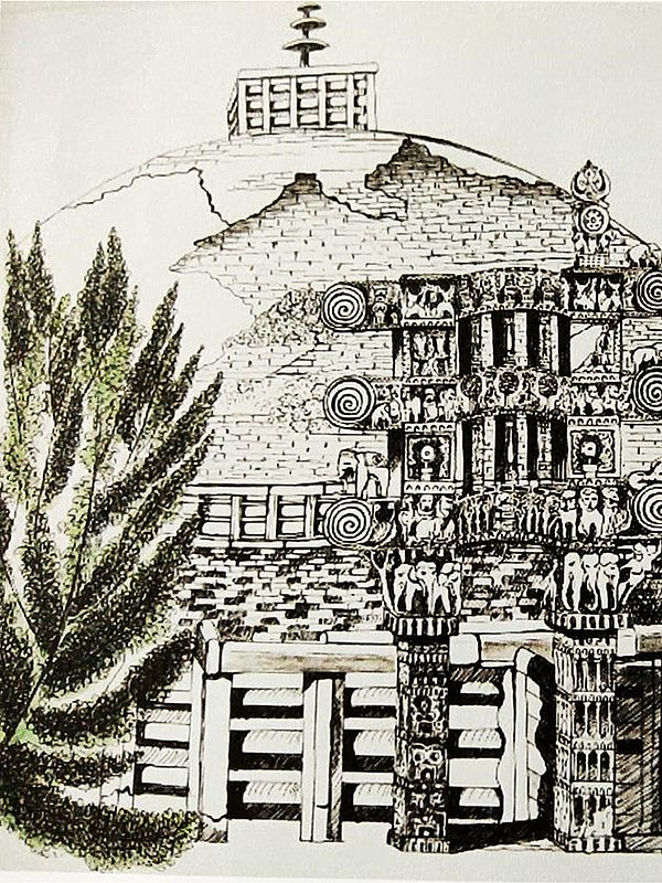 Sketch of Sanchi Stupa | Ink on Paper | By Jolly Agarwal | Exotic India Art