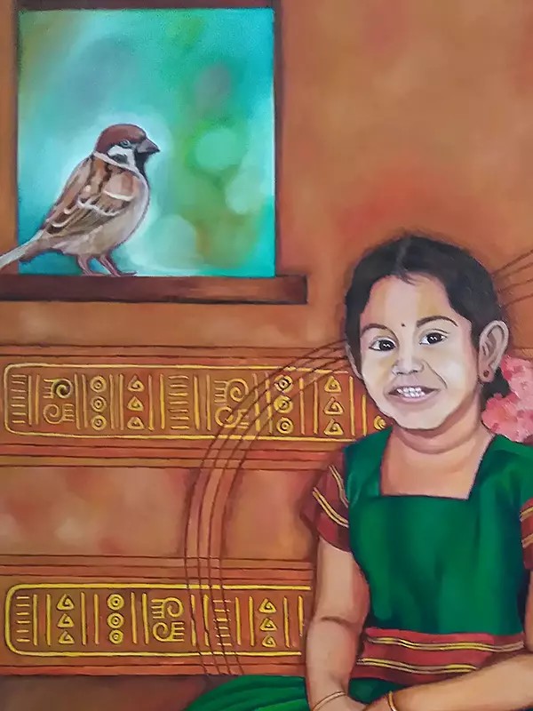 Smiling Girl With Balloons | Oil On Canvas | By Sneha Arjun | Exotic India Art