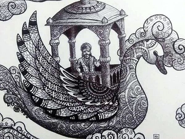 Ravana in Pushpaka Vimana | Painting by Noharika Deogade | Exotic India Art